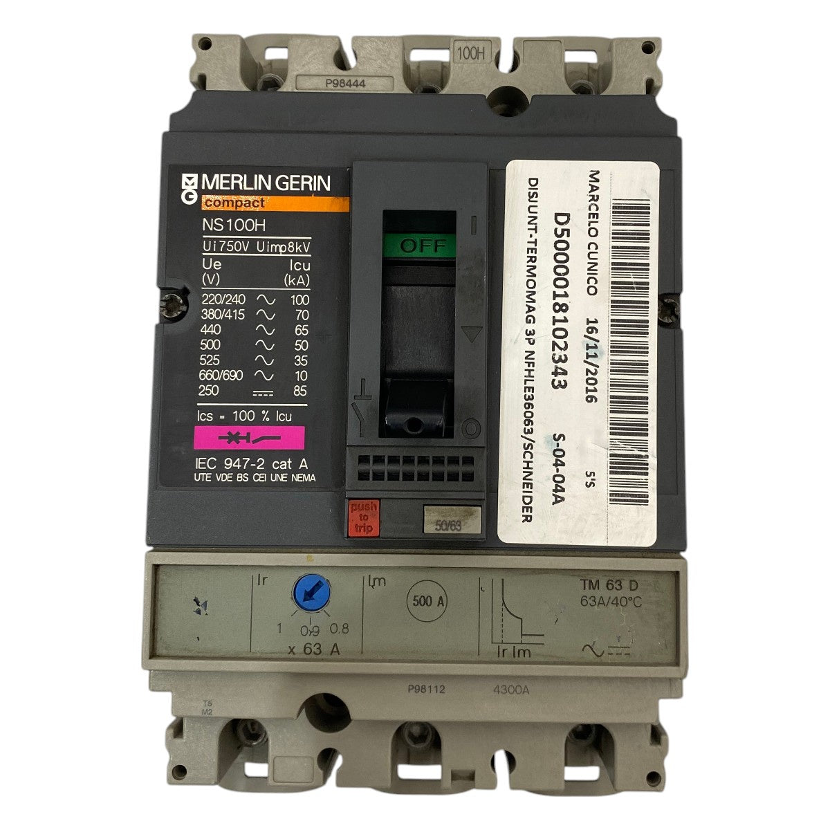 Disjuntor Merlin Gerin NS100H 50/63A 750v 8kV 3P – Cabo Eletro